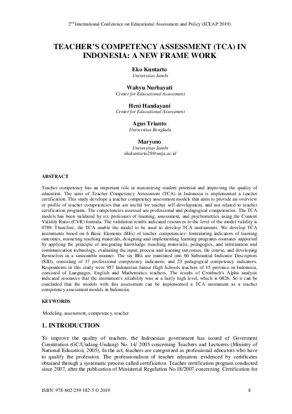 (PDF) Teacher’s Competency Assessment (Tca) in Indonesia: A New Frame Work
