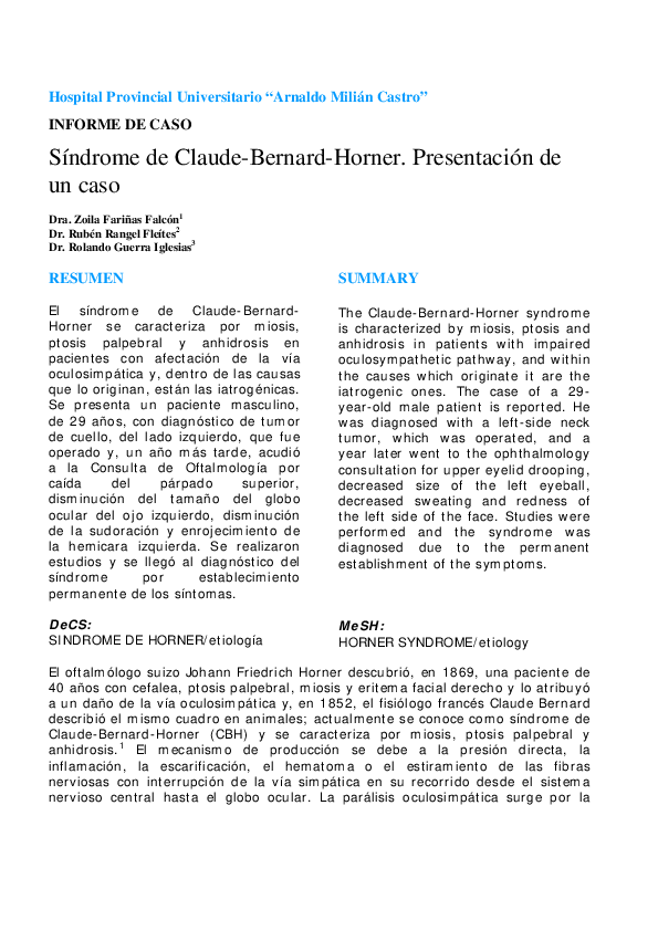 (PDF) Síndrome de Claude-Bernard-Horner. Presentación de un caso