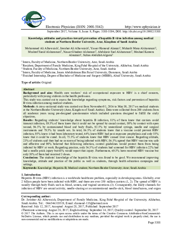 (PDF) Knowledge, attitudes and practices toward prevention of hepatitis B virus infection among ...