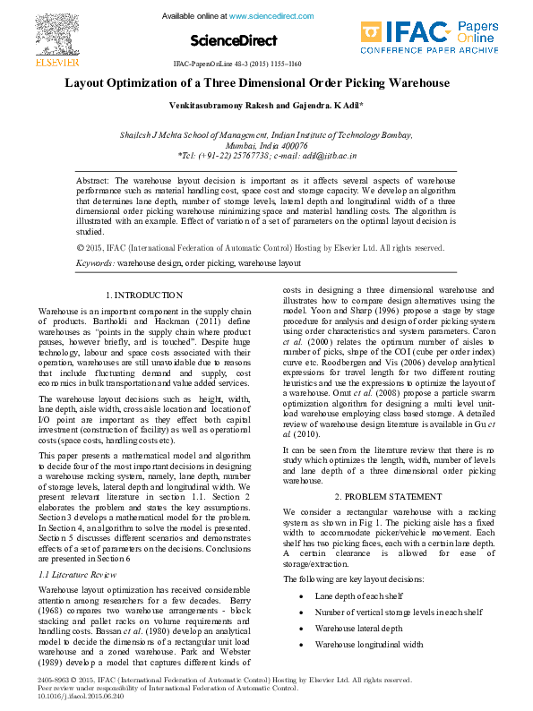 (PDF) Layout Optimization of a Three Dimensional Order Picking Warehouse
