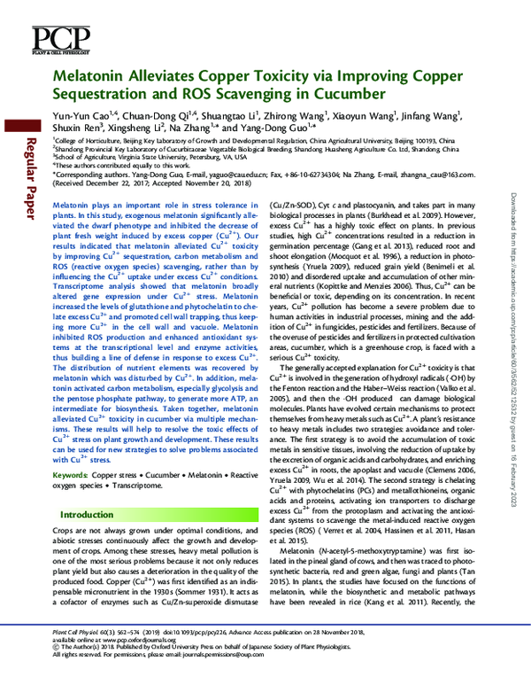 (PDF) Melatonin Alleviates Copper Toxicity via Improving Copper ...