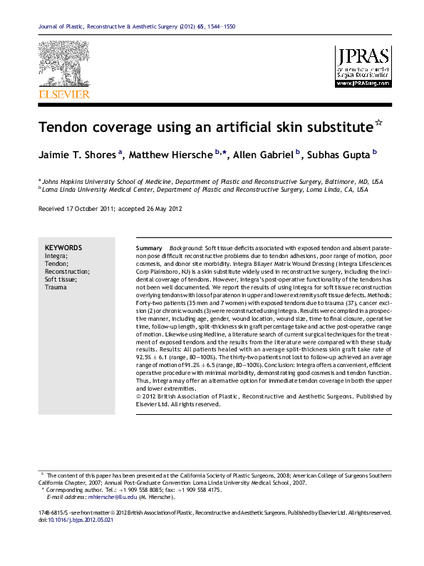 (PDF) Tendon coverage using an artificial skin substitute