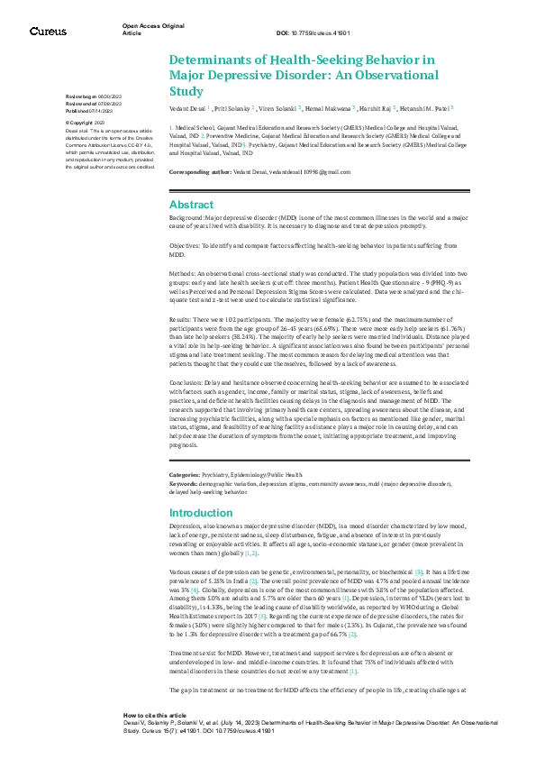 (PDF) Determinants of Health-Seeking Behavior in Major Depressive ...