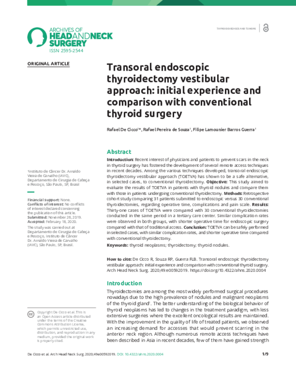 (PDF) Transoral endoscopic thyroidectomy vestibular approach: initial ...