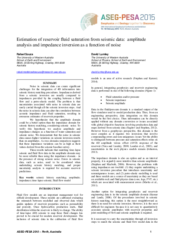 (PDF) Estimation of reservoir fluid saturation from seismic data: amplitude analysis and ...