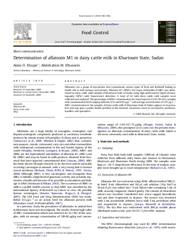 (PDF) Determination of aflatoxin M1 in dairy cattle milk in Khartoum ...