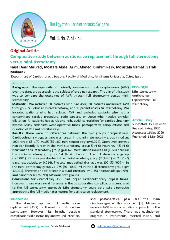 (PDF) Comparative study between aortic valve replacement through full ...