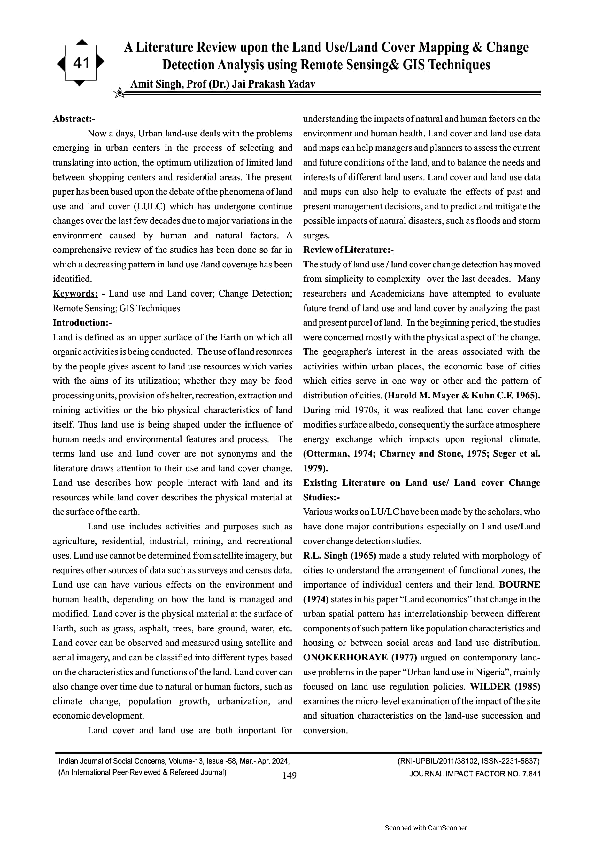 (PDF) A Literature review upon the Land use/ Land cover mapping and Change Detection Analysis ...