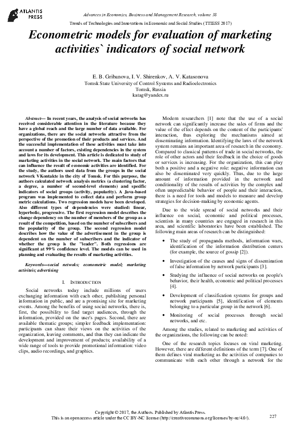 (PDF) Econometric models for evaluation of marketing activities` indicators of social network