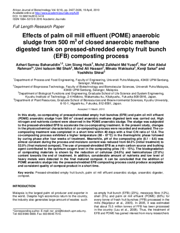 (PDF) Effects of palm oil mill effluent (POME) anaerobic sludge from ...