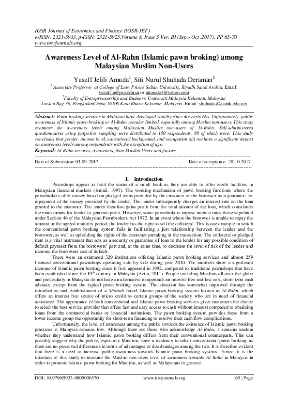 (PDF) Awareness Level of Al-Rahn (Islamic pawn broking) among Malaysian ...