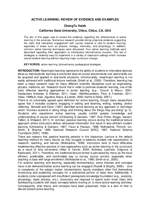 (PDF) Active Learning: Review of Evidence and Examples