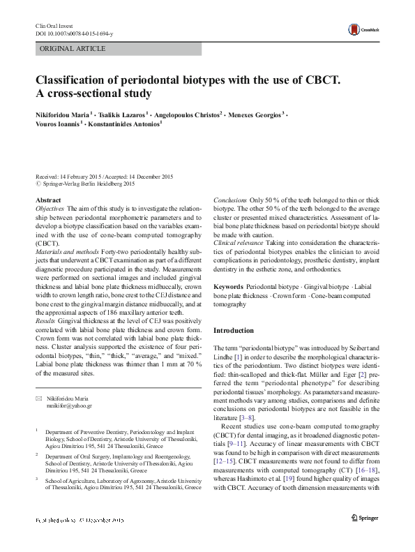 (PDF) Classification of periodontal biotypes with the use of CBCT. A ...