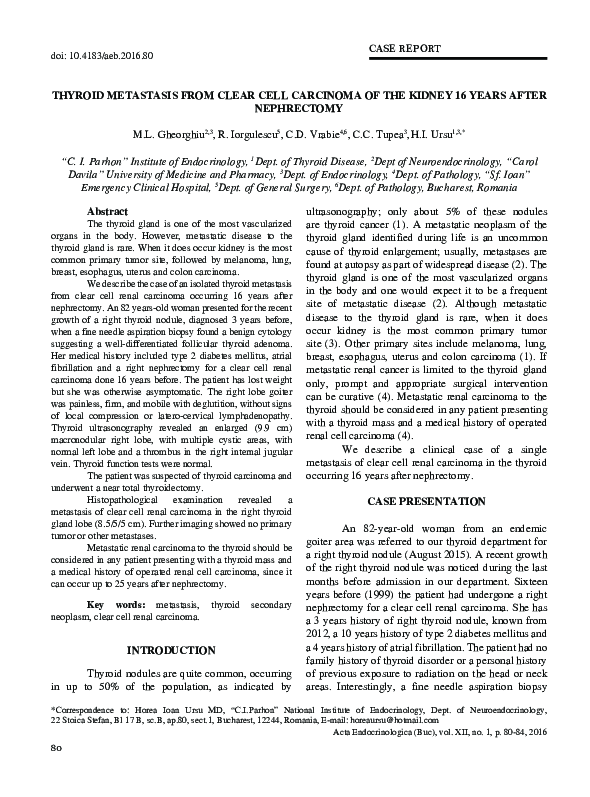 (PDF) Thyroid Metastasis from Clear Cell Carcinoma of the Kidney 16 ...