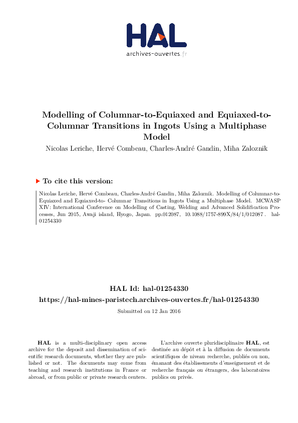 Pdf Modelling Of Columnar To Equiaxed And Equiaxed To Columnar Transitions In Ingots Using A
