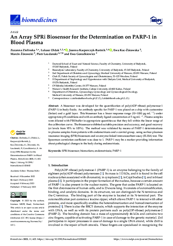(PDF) An Array SPRi Biosensor for the Determination on PARP-1 in Blood Plasma | Ewa Gorodkiewicz ...