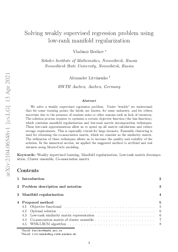 (PDF) Solving weakly supervised regression problem using low-rank manifold regularization