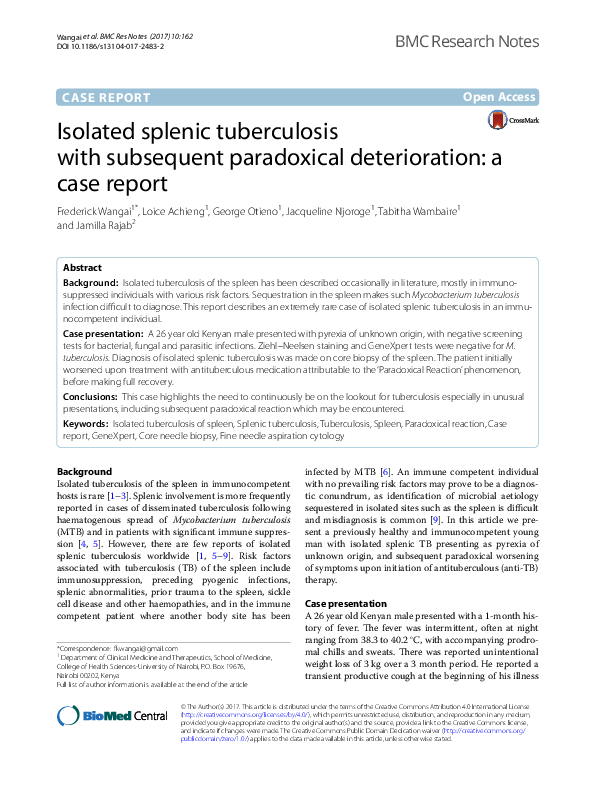 (PDF) Isolated splenic tuberculosis with subsequent paradoxical ...