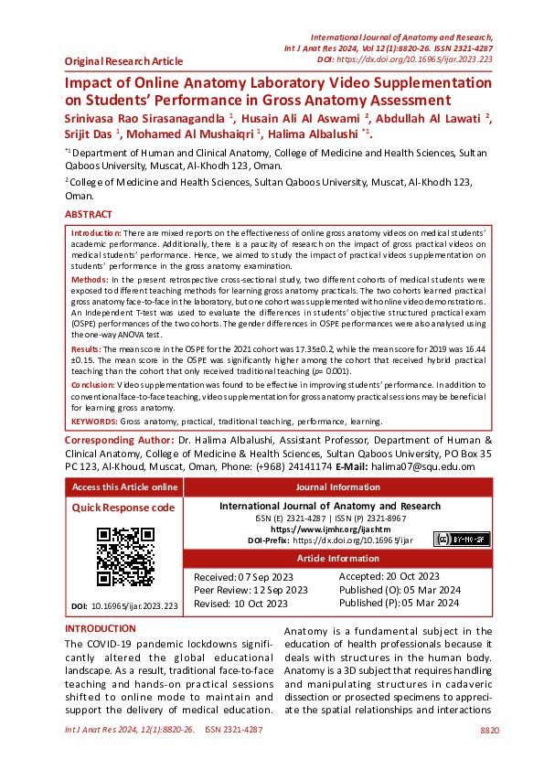 (PDF) Impact of Online Anatomy Laboratory Video Supplementation on ...