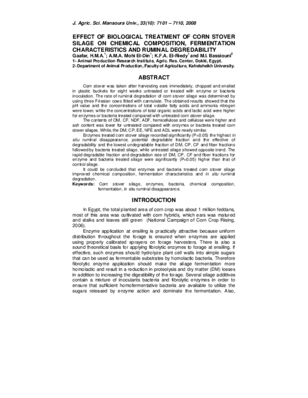 (PDF) EFFECT OF BIOLOGICAL TREATMENT OF CORN STOVER SILAGE ON CHEMICAL ...