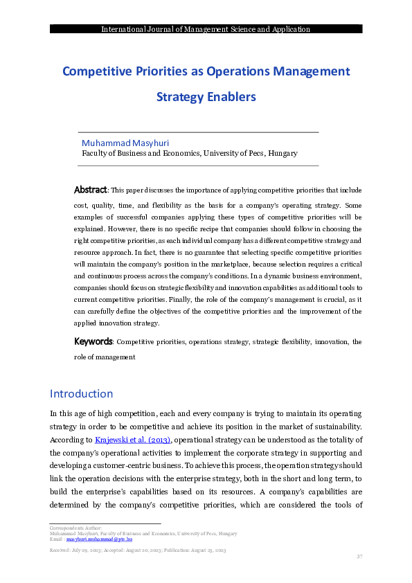 (PDF) Competitive Priorities as Operations Management Strategy Enablers