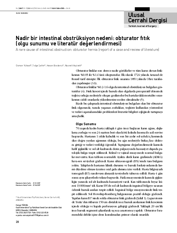(PDF) A rare cause of intestinal obstruction: Obturator hernia