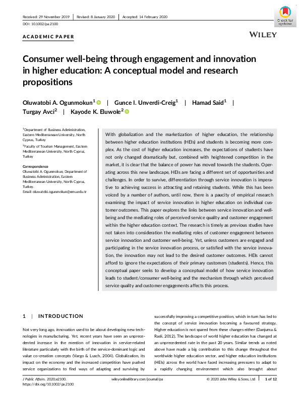(PDF) Consumer well‐being through engagement and innovation in higher ...
