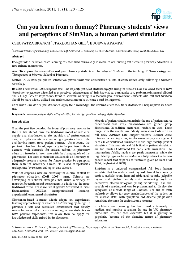 (PDF) Can you learn from a dummy? Pharmacy students’ views and perceptions of SimMan, a human ...
