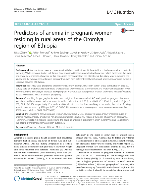 (PDF) Predictors of anemia in pregnant women residing in rural areas of ...