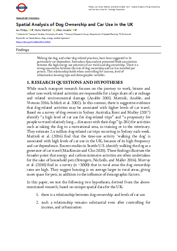 (PDF) Spatial Analysis of Dog Ownership and Car Use in the UK