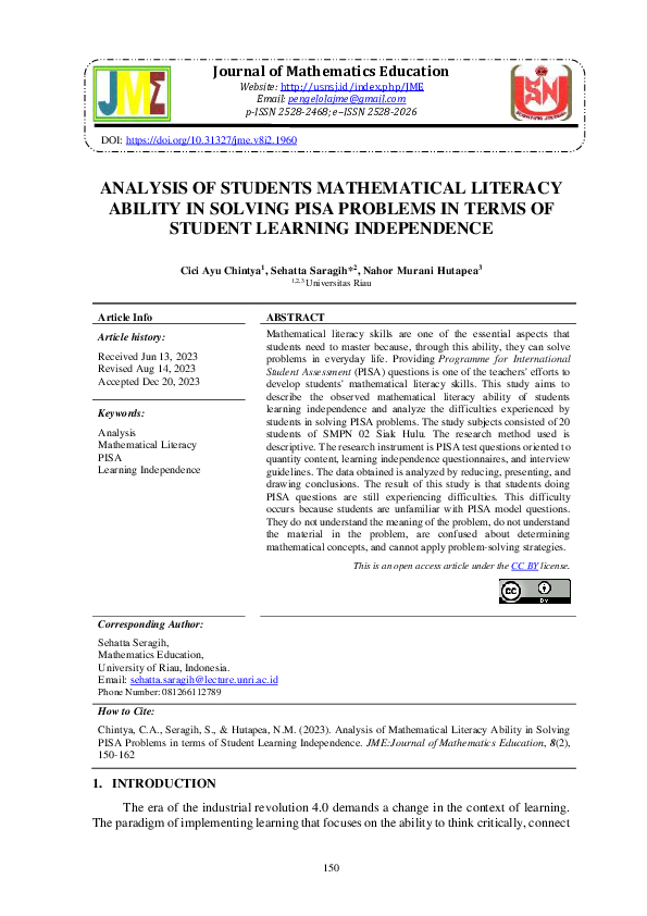 (PDF) Analysis of Students Mathematical Literacy Ability in Solving ...