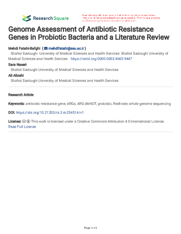 (PDF) Genome Assessment of Antibiotic Resistance Genes in Probiotic ...