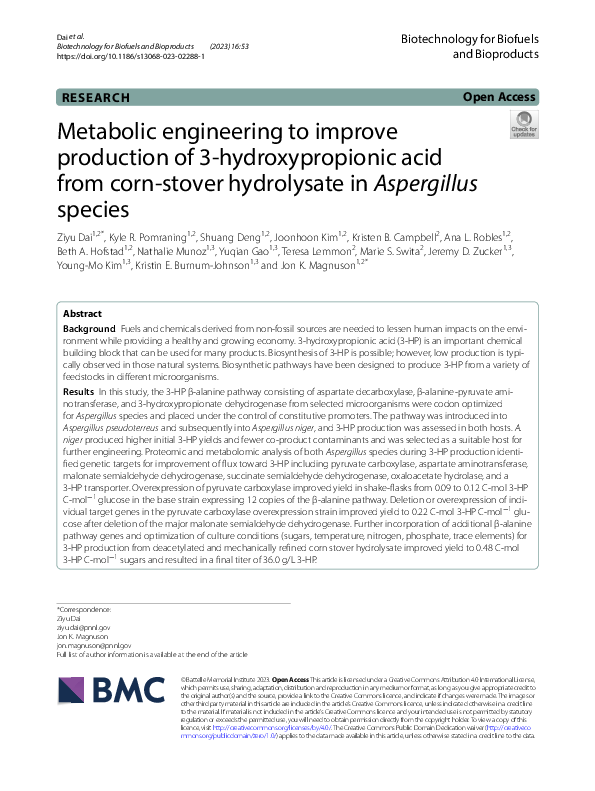 (PDF) Metabolic engineering to improve production of 3-hydroxypropionic acid from corn-stover ...