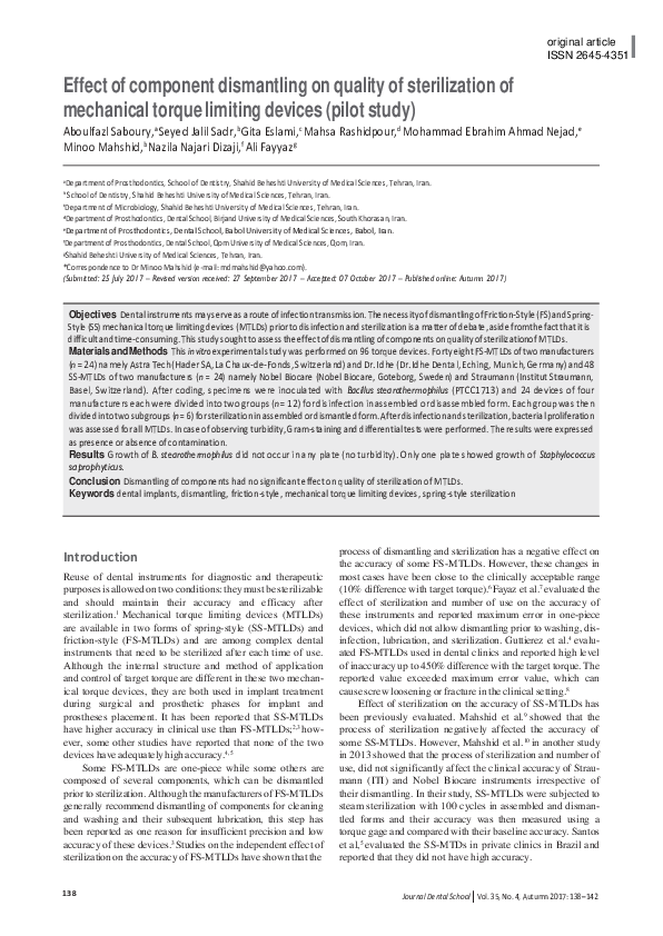 (PDF) Effect of Component Dismantling on Quality of Sterilization of ...
