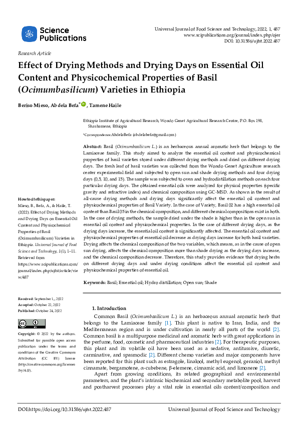 (PDF) Effect of Drying Methods and Drying Days on Essential Oil Content and Physicochemical ...