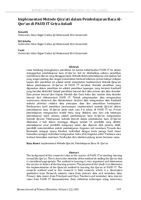 (PDF) Implementasi Metode Qira’ati dalam Pembelajaran Baca Al- Qur’an di PAUD IT Griya Auladi ...