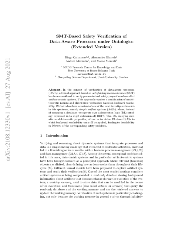 (PDF) SMT-Based Safety Verification of Data-Aware Processes under Ontologies (Extended Version)