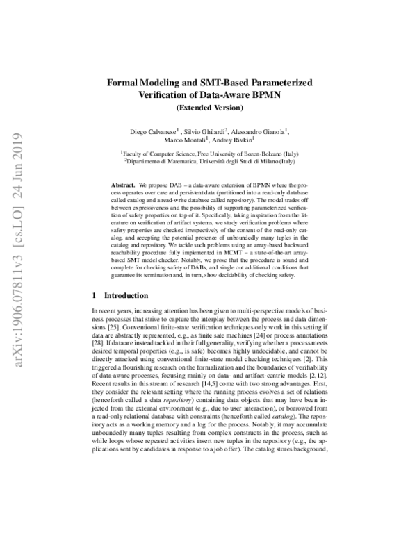 Pdf Formal Modeling And Smt Based Parameterized Verification Of Data Aware Bpmn Extended Version