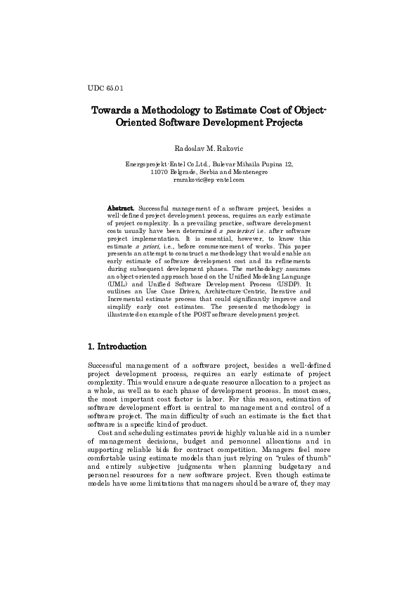(PDF) Towards a methodology to estimate cost of object-oriented software development projects