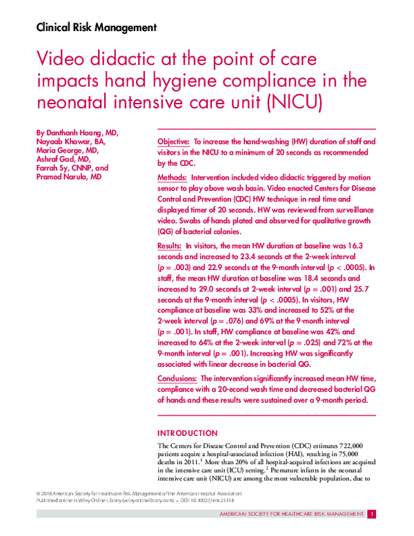 (PDF) Video didactic at the point of care impacts hand hygiene compliance in the neonatal ...