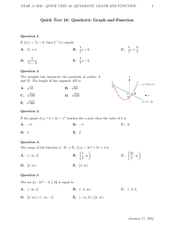 (PDF) Quick Test 16: Quadratic Graph and Function