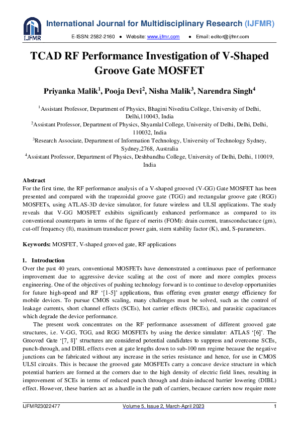 (PDF) TCAD RF Performance Investigation of V-Shaped Groove Gate MOSFET