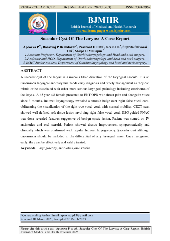 (PDF) Saccular Cyst Of The Larynx: A Case Report