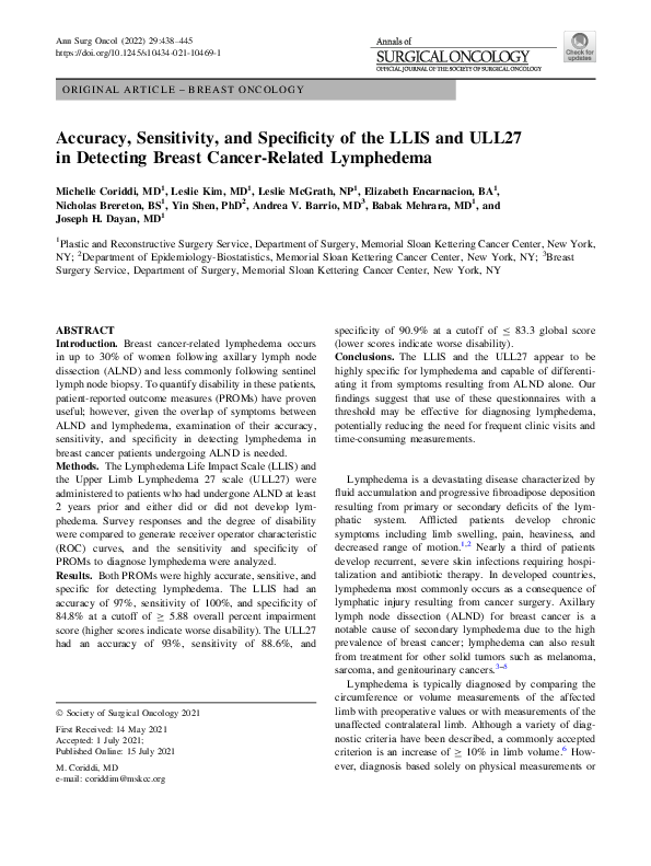 (PDF) Accuracy, Sensitivity, and Specificity of the LLIS and ULL27 in ...