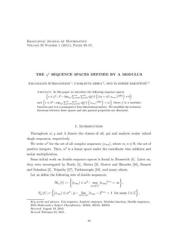(PDF) The χ2 sequence spaces defined by a modulus