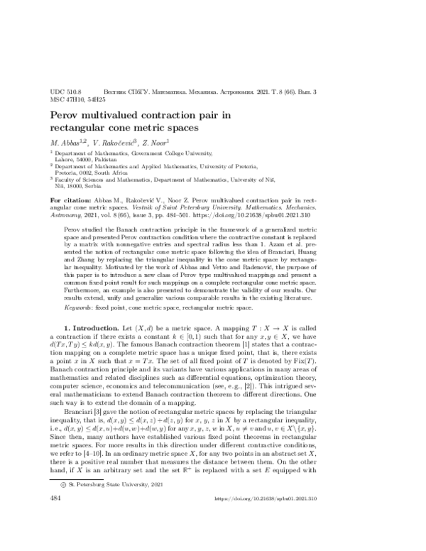 (PDF) Perov multivalued contraction pair in rectangular cone metric spaces