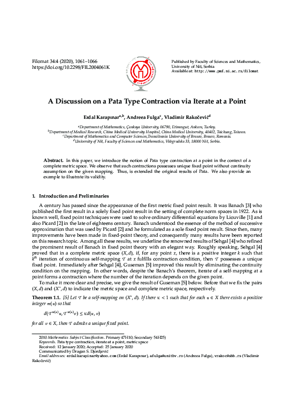 (PDF) A discussion on a Pata type contraction via iterate at a point