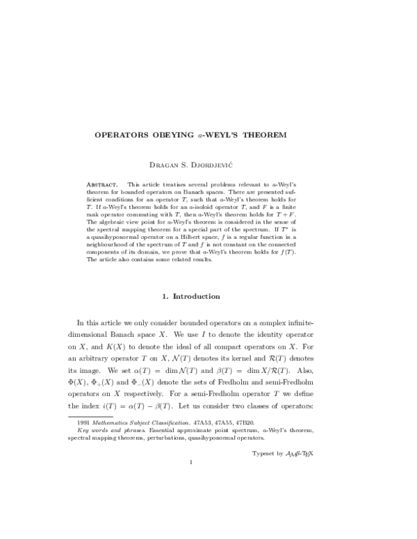 (PDF) Operators obeying $a$-Weyl's theorem