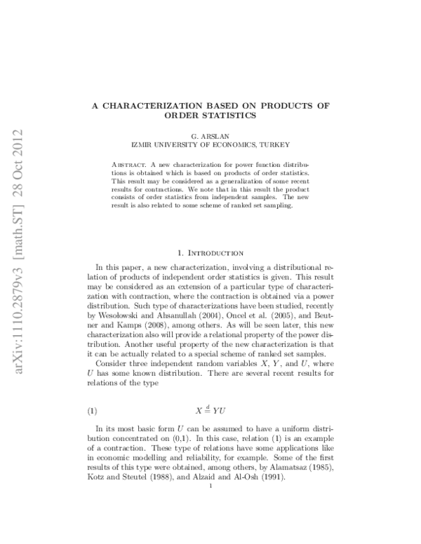 (PDF) A Characterization Based On Products of Order Statistics