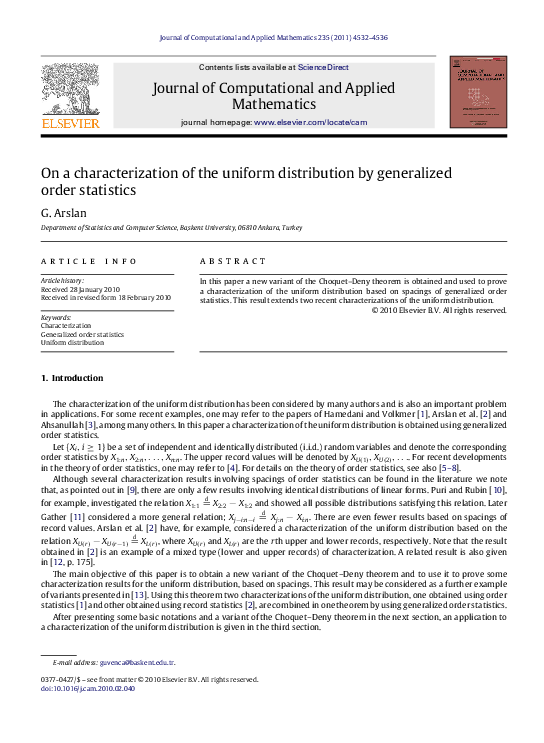 Pdf On A Characterization Of The Uniform Distribution By Generalized Order Statistics